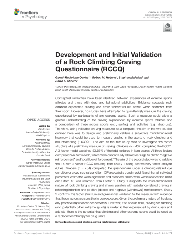 (PDF) Development and Initial Validation of a Rock Climbing Craving Questionnaire (RCCQ)
