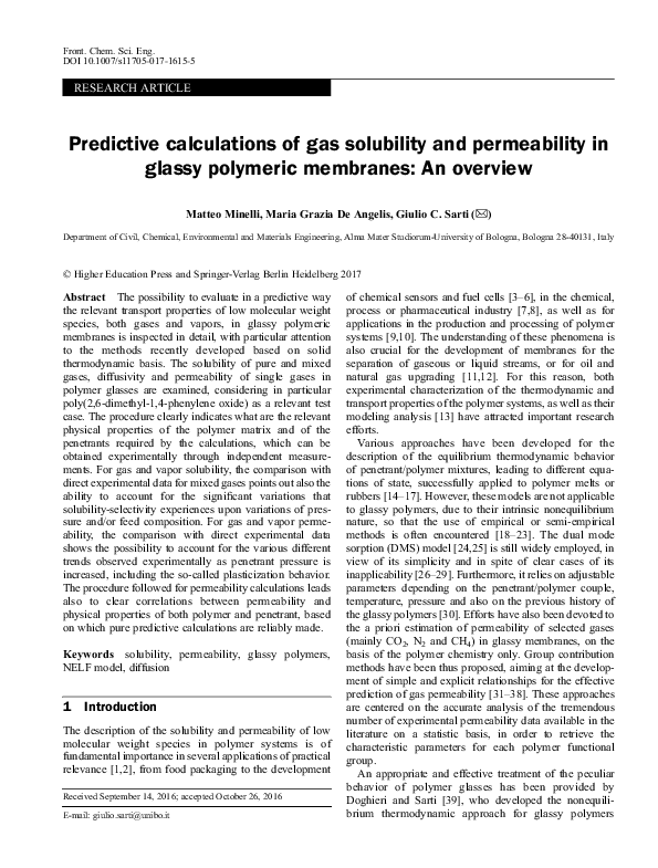 (PDF) Predictive calculations of gas solubility and permeability in glassy polymeric membranes ...