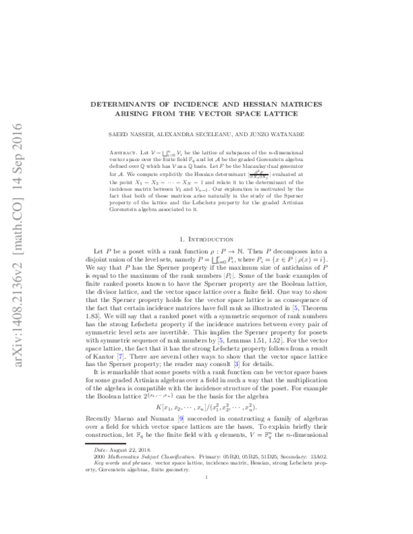 (PDF) Determinants of incidence and Hessian matrices arising from the vector space lattice