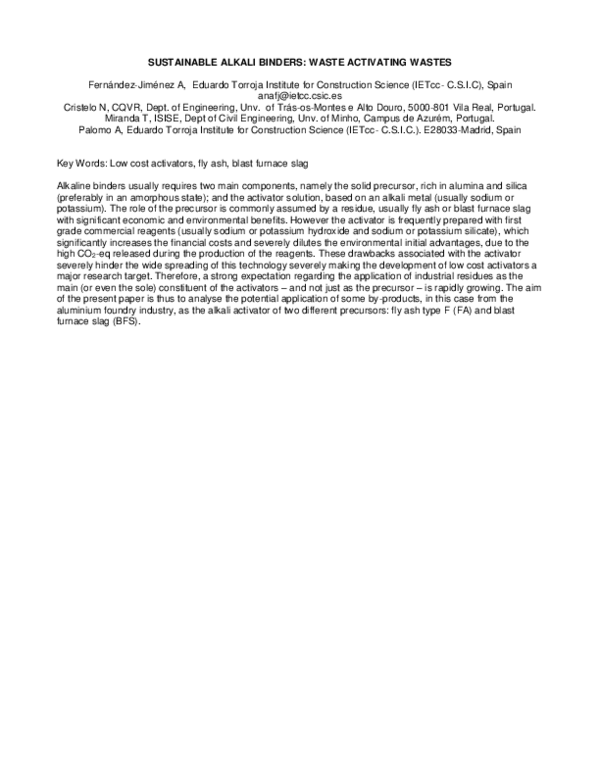 (PDF) Sustainable alkali binders: Waste activating wastes | Ana ...