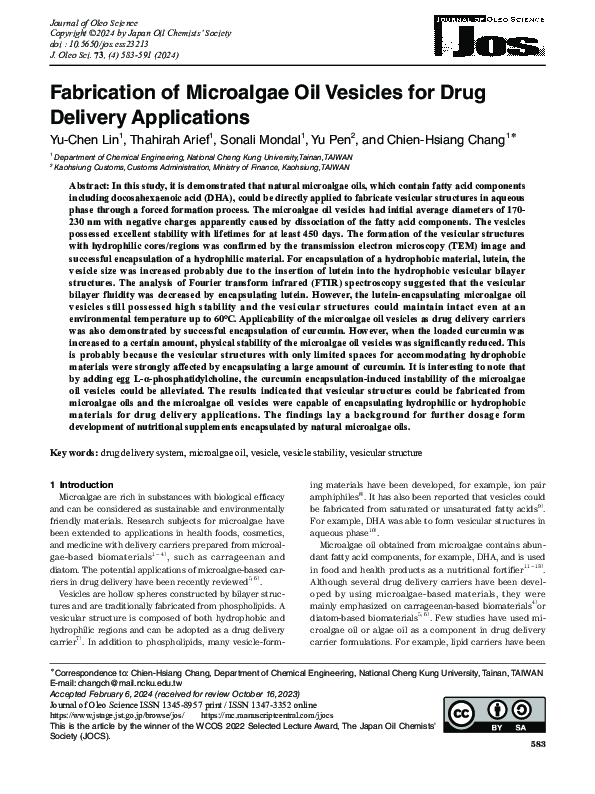 (PDF) Fabrication of Microalgae Oil Vesicles for Drug Delivery Applications