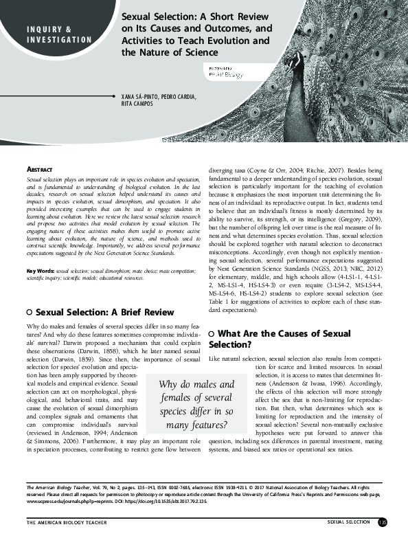 (PDF) Sexual Selection: A Short Review on Its Causes and Outcomes, and Activities to Teach ...