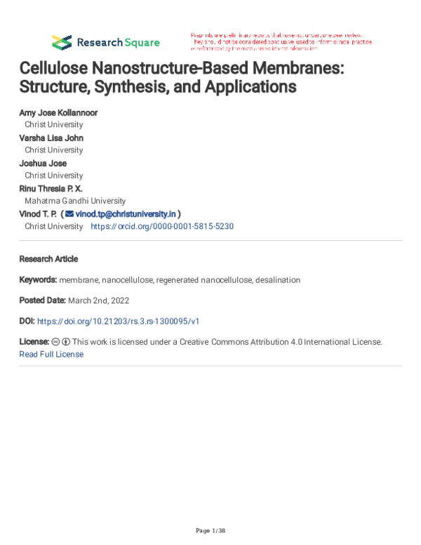 (PDF) Cellulose Nanostructure-Based Membranes: Structure, Synthesis, and Applications