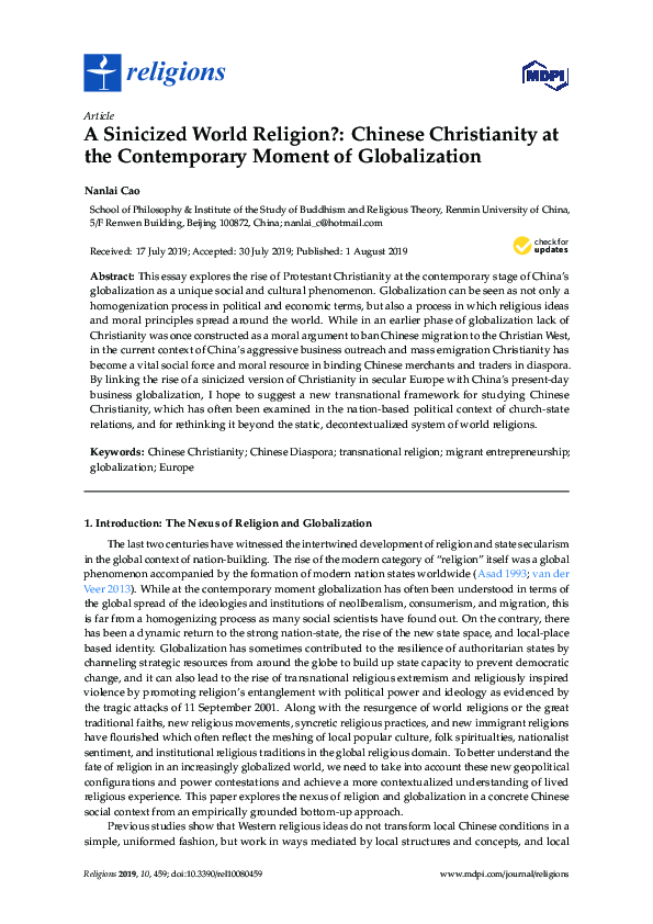 (PDF) A Sinicized World Religion?: Chinese Christianity at the ...