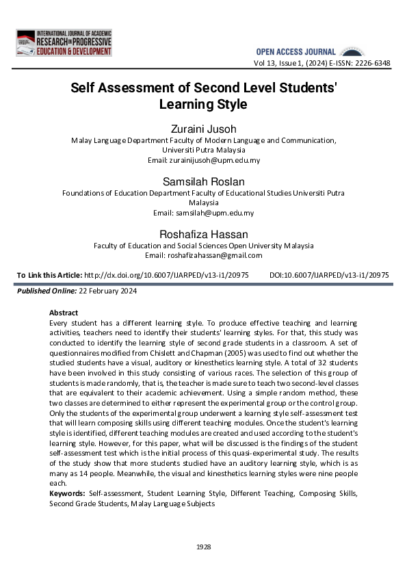 (PDF) Self Assessment of Second Level Students' Learning Style