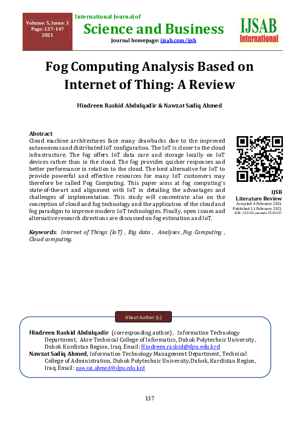 (PDF) Fog Computing Analysis Based on Internet of Thing: A Review | Nawzat Ahmed - Academia.edu
