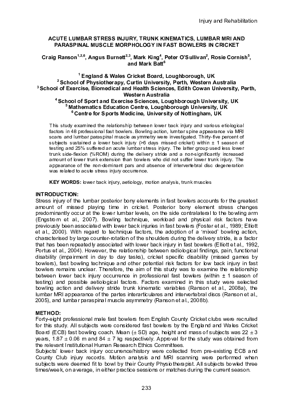 (PDF) Acute Lumbar Stress Injury, Trunk Kinematics, Lumbar Mri and ...