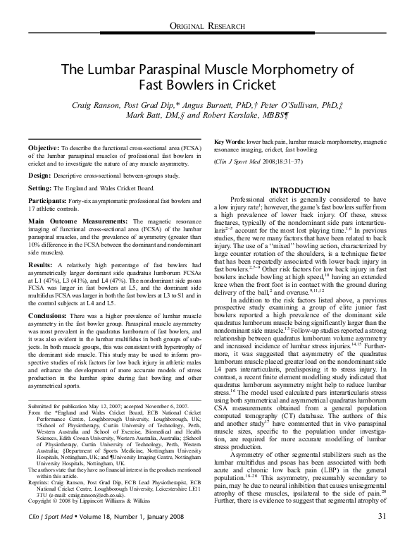 (PDF) The Lumbar Paraspinal Muscle Morphometry of Fast Bowlers in Cricket