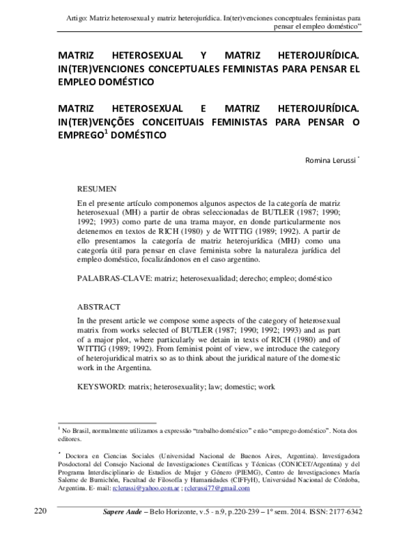 (PDF) Matriz heterosexual y matriz heterojurídica. In(ter)venciones conceptuales feministas para ...