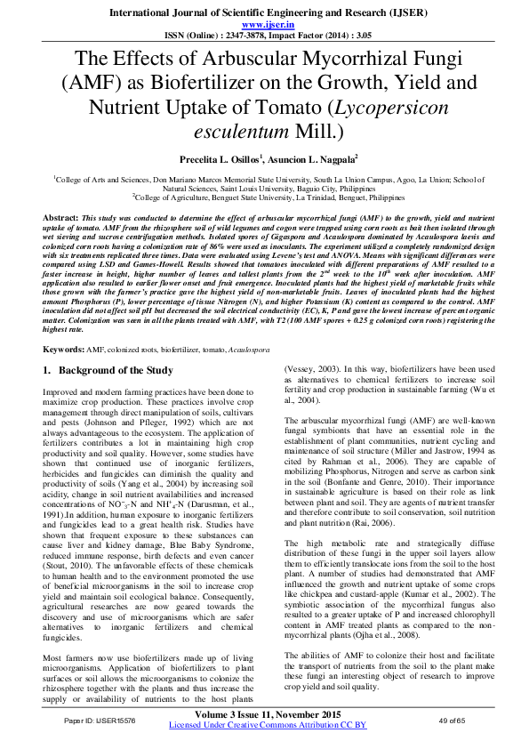 (PDF) The Effects of Arbuscular Mycorrhizal Fungi (AMF) as Biofertilizer on the Growth, Yield ...