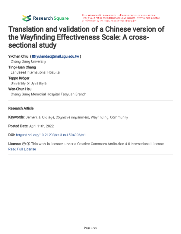 (PDF) Translation and validation of a Chinese version of the Wayfinding ...