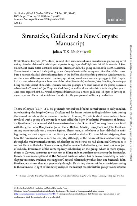 (PDF) Sirenaicks, Guilds and a New Coryate Manuscript