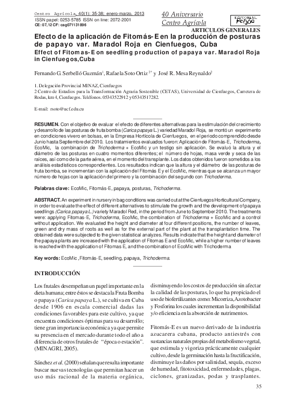 (PDF) Efecto de la aplicación de Fitomás-E en la producción de posturas ...