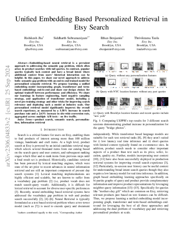 (PDF) Unified Embedding Based Personalized Retrieval in Etsy Search