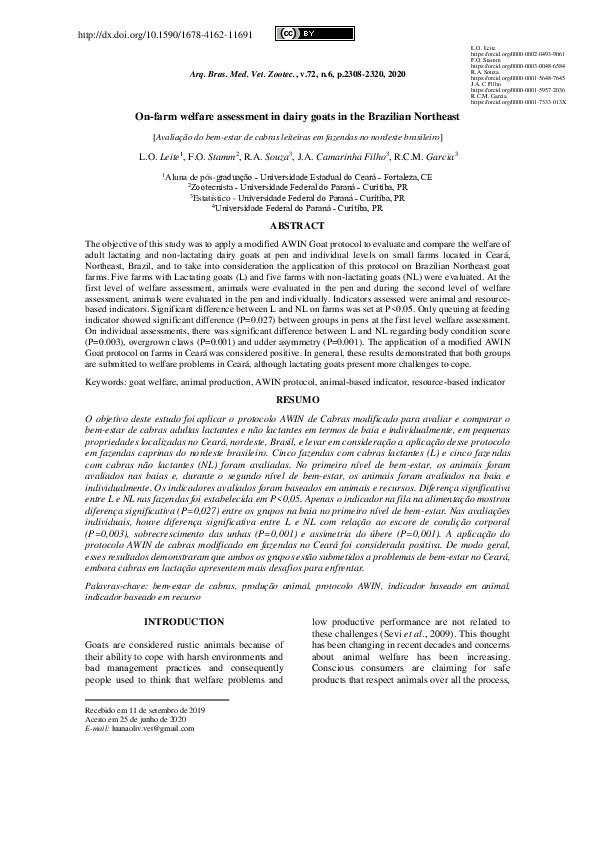 (PDF) On-farm welfare assessment in dairy goats in the Brazilian Northeast