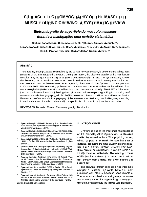 (PDF) SURFACE ELECTROMYOGRAPHY OF THE MASSETER MUSCLE DURING CHEWING: A ...