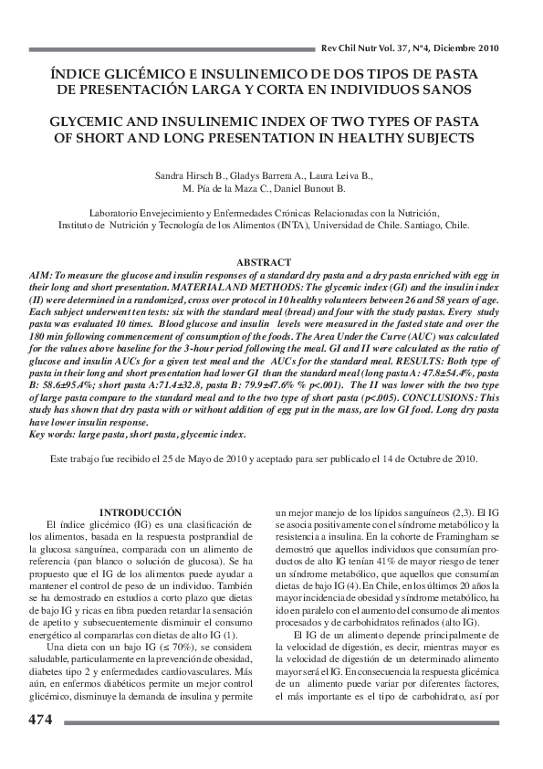 (PDF) Índice Glicémico e Insulinemico De Dos Tipos De Pasta De Presentación Larga y Corta en ...