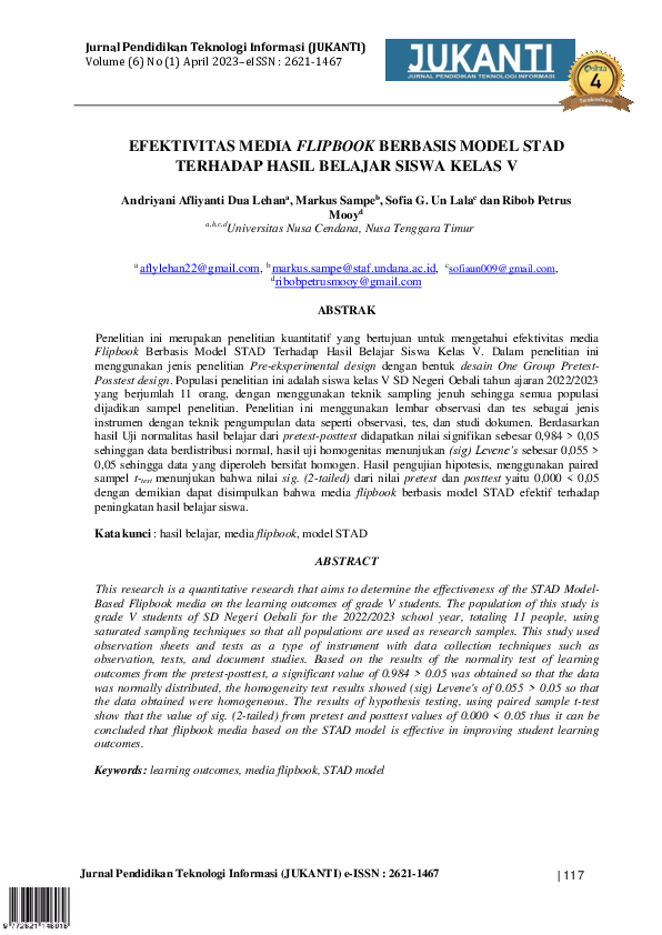 (PDF) Efektivitas Media Flipbook Berbasis Model Stad Terhadap Hasil Belajar Siswa Kelas V