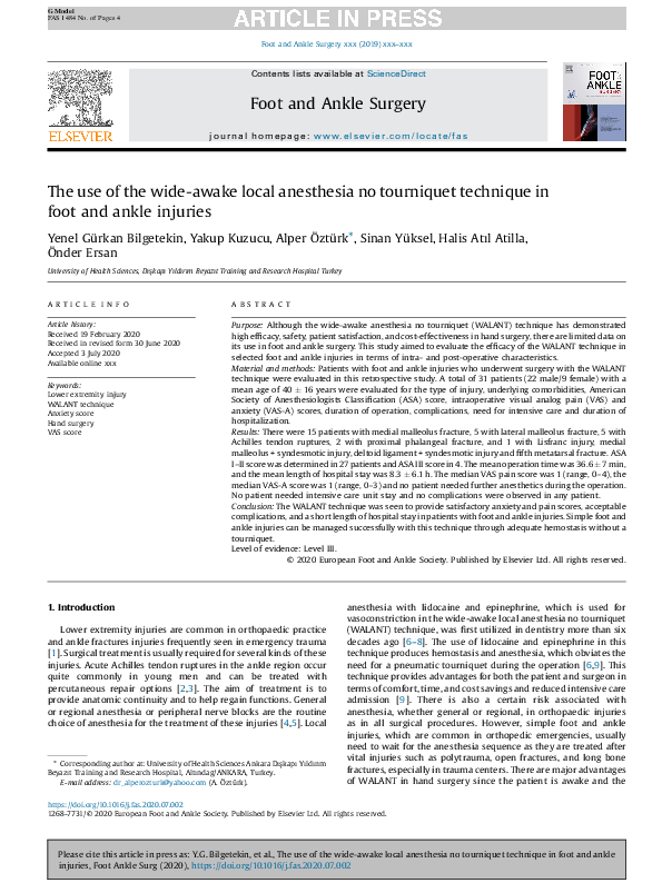 (PDF) The Use of Wide-Awake Local Anesthesia No Tourniquet (WALANT ...