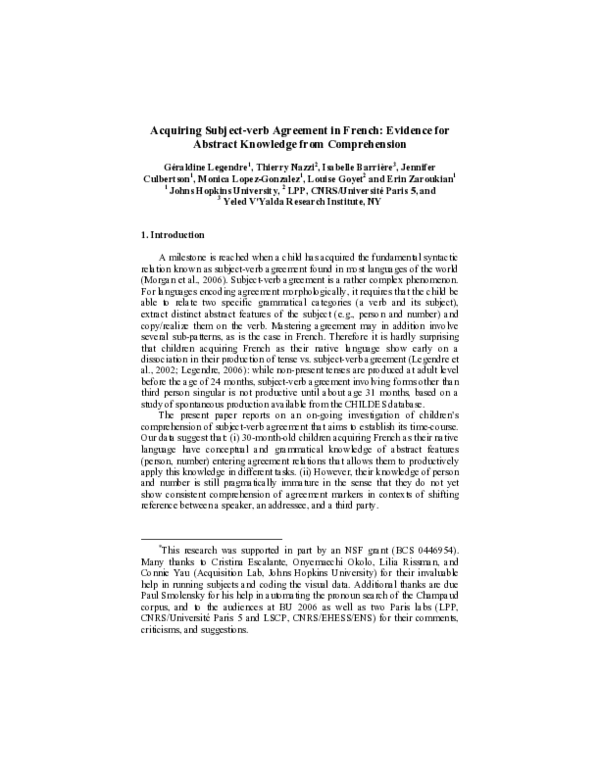 (PDF) Acquiring Subject-verb Agreement in French: Evidence for Abstract Knowledge from Comprehension