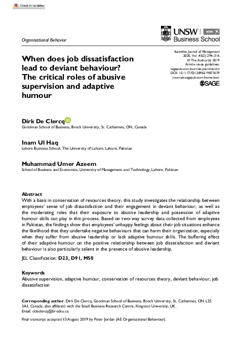 (PDF) When does job dissatisfaction lead to deviant behaviour? The ...
