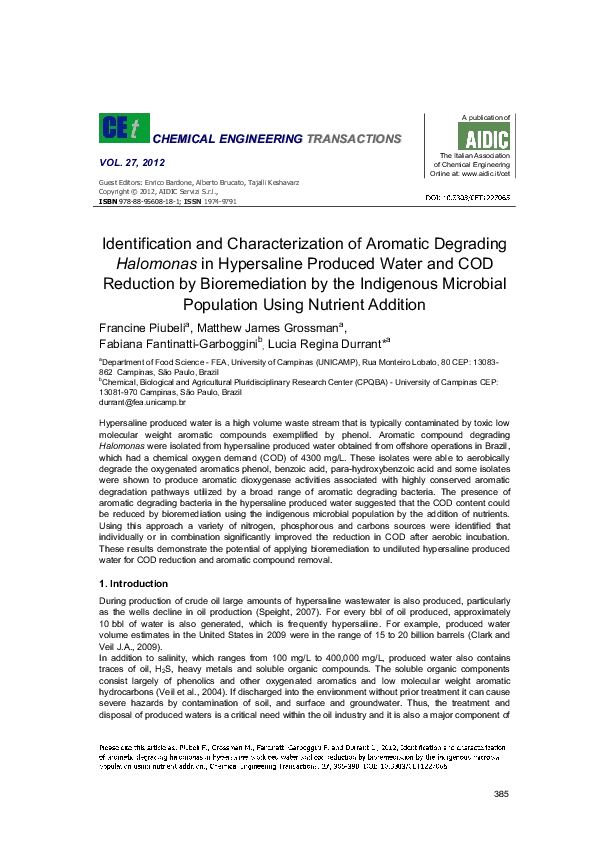 (PDF) Identification and Characterization of Aromatic Degrading Halomonas in Hypersaline ...