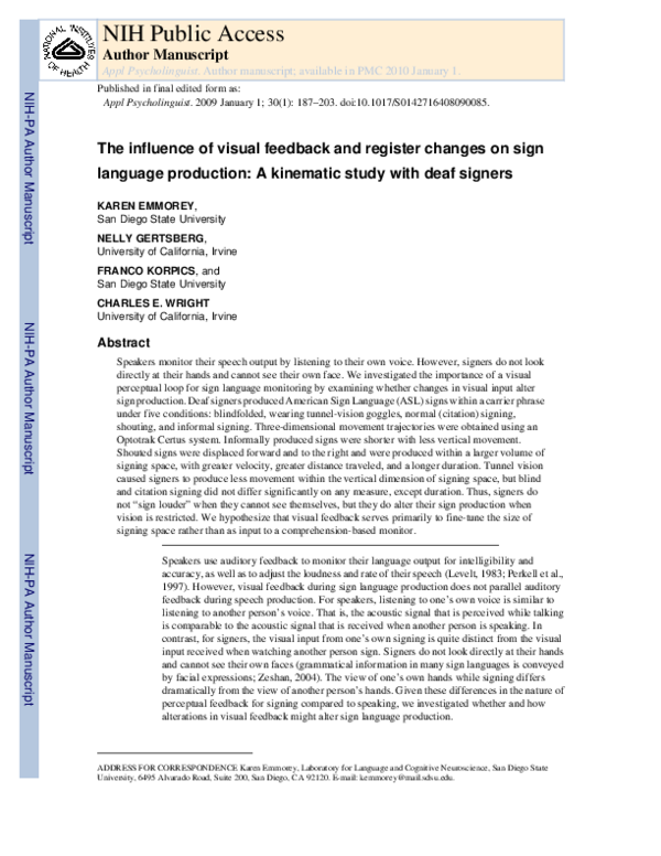 (PDF) The influence of visual feedback and register changes on sign language production: A ...