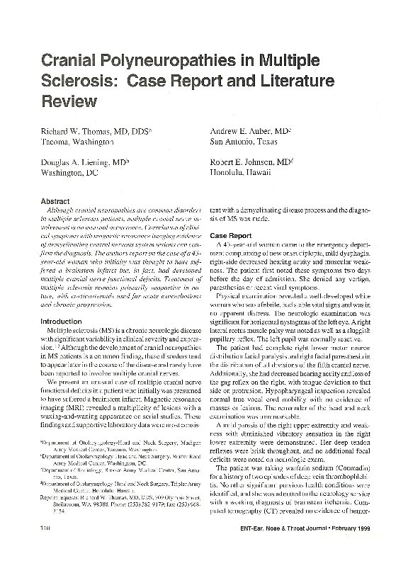 (PDF) Cranial Polyneuropathies in Multiple Sclerosis: Case Report and Literature Review