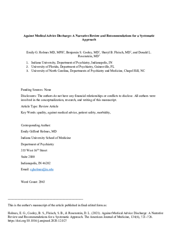(PDF) Against Medical Advice Discharge: A Narrative Review and ...