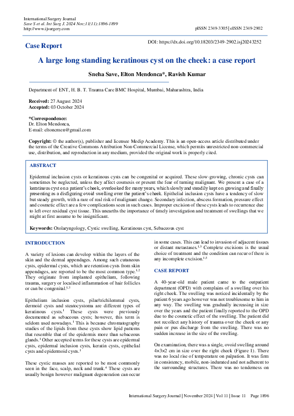 (PDF) A long standing keratinous cyst on the cheek a case report