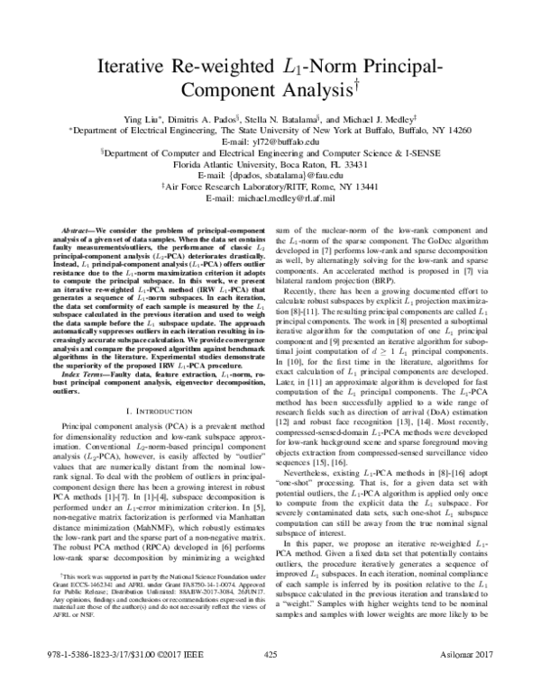 (PDF) Iterative re-weighted L1-norm principal-component analysis
