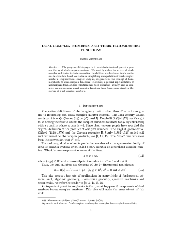 (PDF) Dual-Complex Numbers and Their Holomorphic Functions