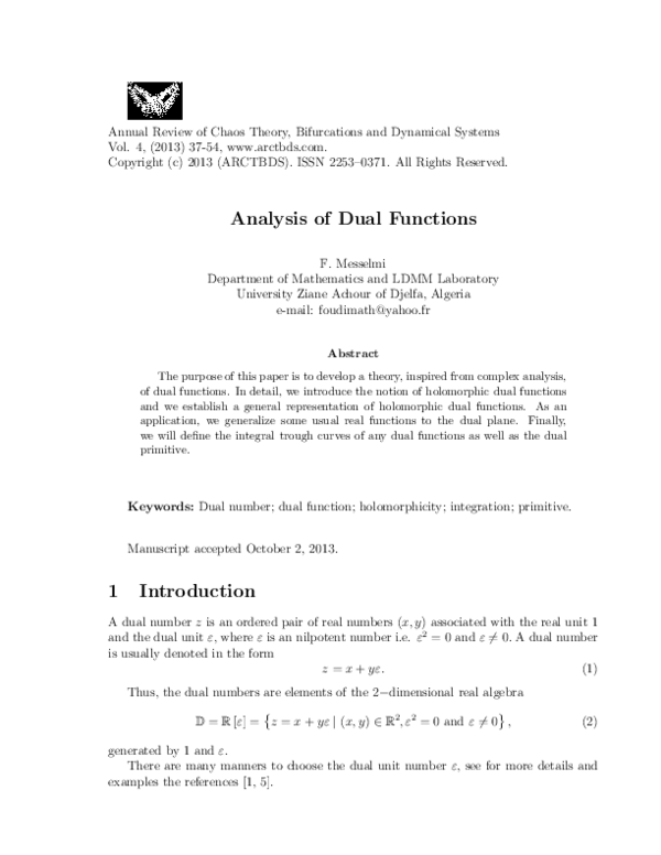 (PDF) Analysis of Dual Functions