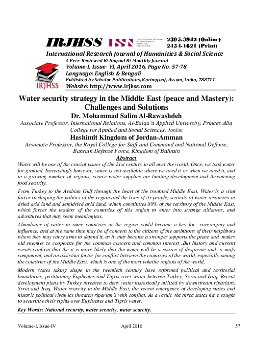 (PDF) Water security strategy in the Middle East peace and Mastery