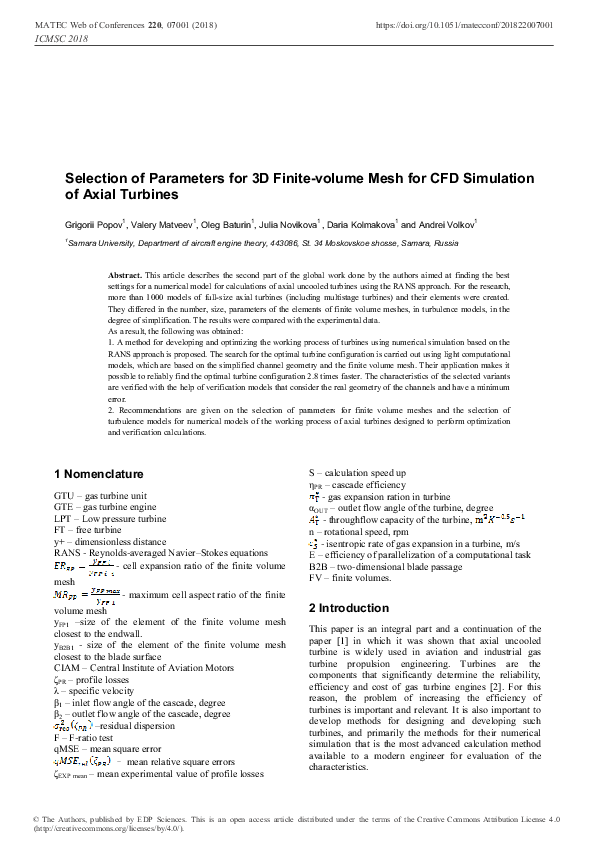 Pdf Selection Of Parameters For 3d Finite Volume Mesh For Cfd
