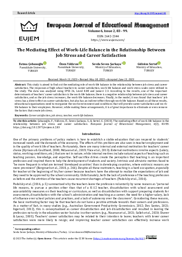 (PDF) The Mediating Effect of Work-Life Balance in the Relationship Between Job Stress and ...