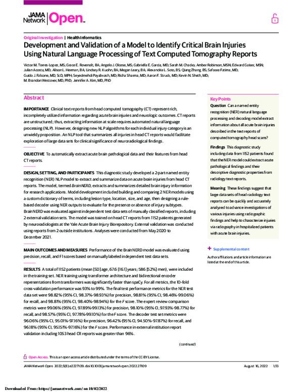 (PDF) Development and Validation of a Model to Identify Critical Brain Injuries Using Natural ...