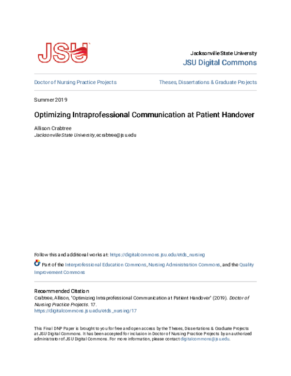 (PDF) Optimizing Intraprofessional Communication at Patient Handover
