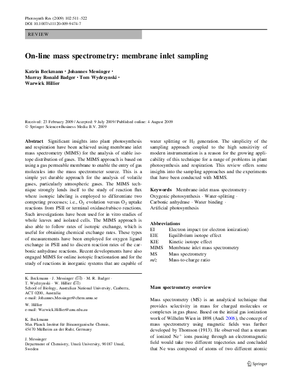 (PDF) On-line mass spectrometry: membrane inlet sampling