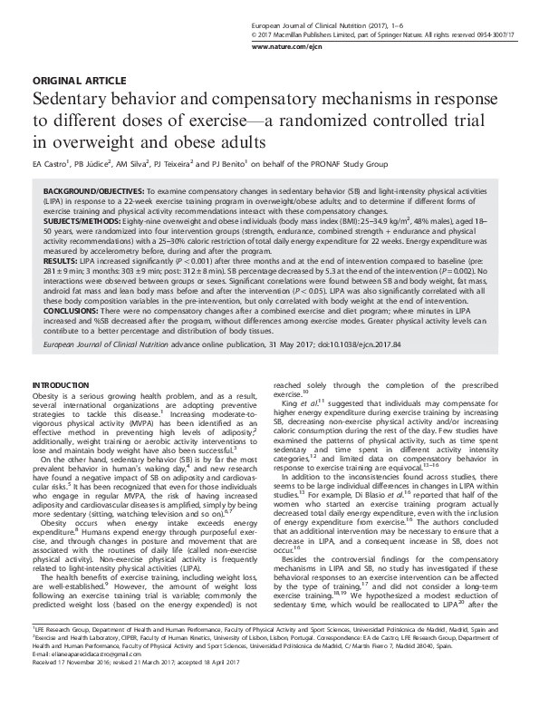 (PDF) Sedentary behavior and compensatory mechanisms in response to different doses of exercise ...