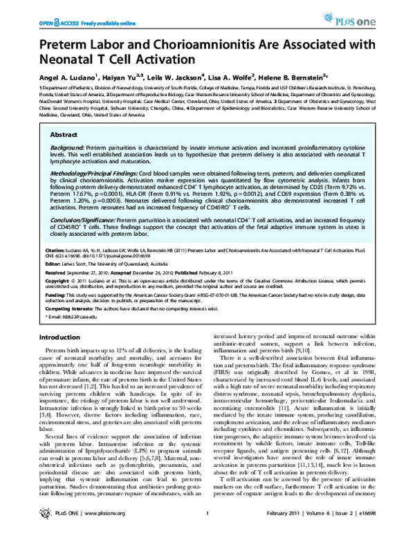 (PDF) Preterm Labor and Chorioamnionitis Are Associated with Neonatal T ...