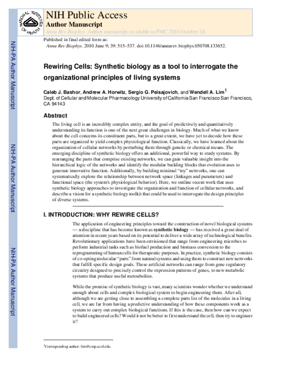 (PDF) Rewiring Cells: Synthetic Biology as a Tool to Interrogate the Organizational Principles ...