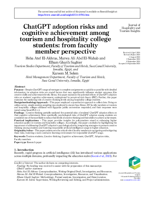 (PDF) "ChatGPT adoption risks and cognitive achievement among tourism and hospitality college ...