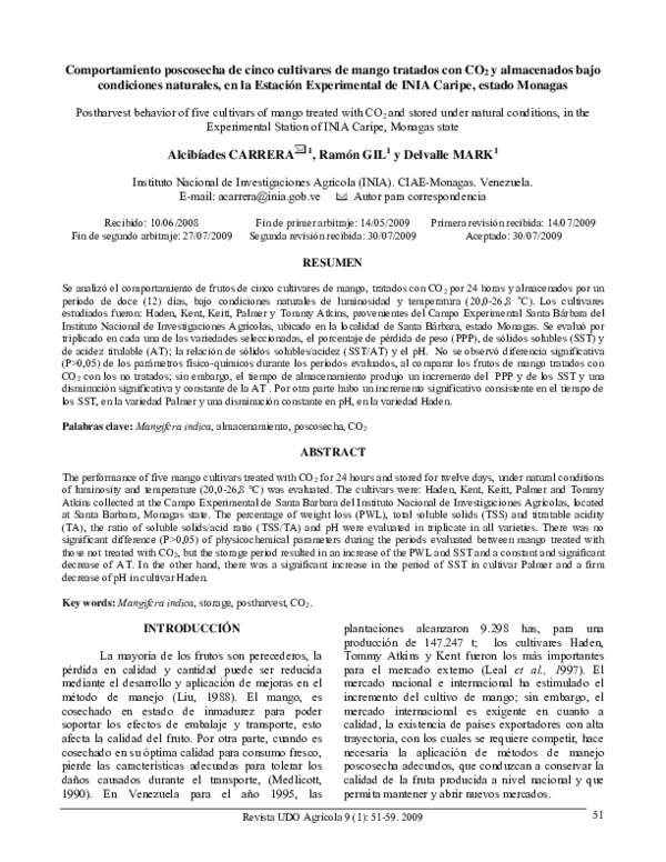 (PDF) Comportamiento poscosecha de cinco cultivares de mango tratados con CO2 y almacenados bajo ...