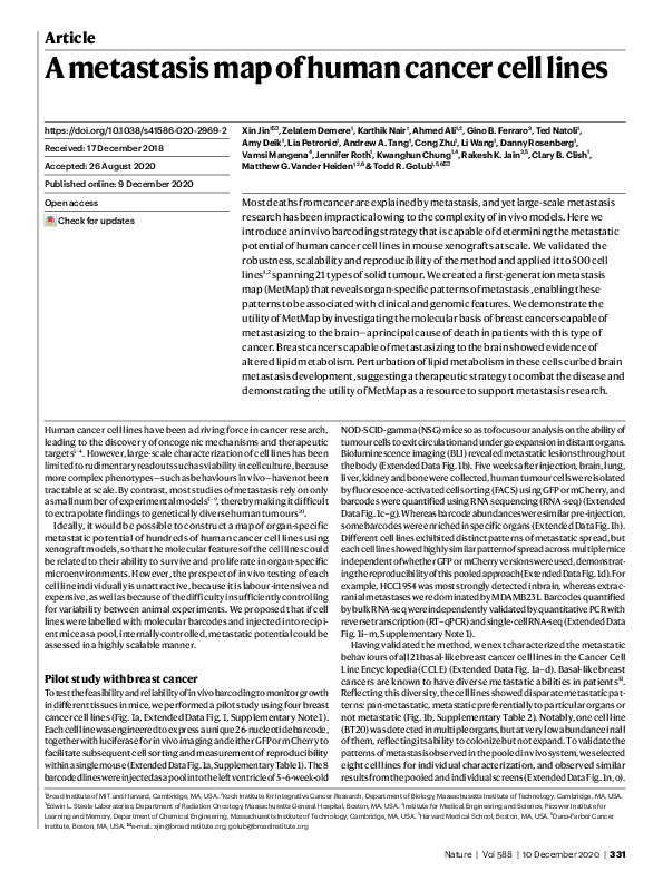 (PDF) A metastasis map of human cancer cell lines