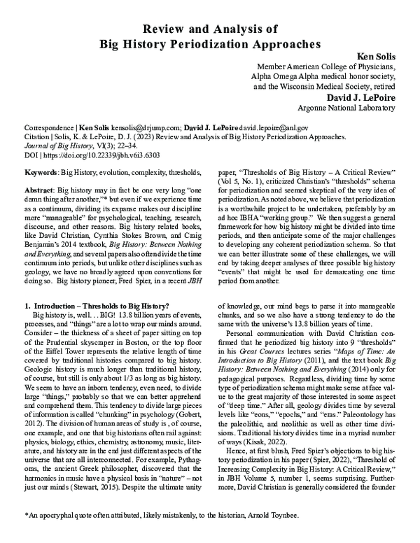 (PDF) Review and Analysis of Big History Periodization Approaches