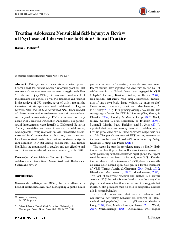 (PDF) Treating Adolescent Nonsuicidal Self-Injury: A Review of ...