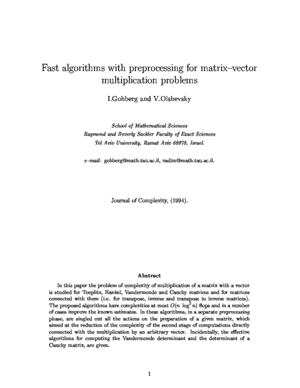 (PDF) Fast Algorithms with Preprocessing for Matrix-Vector ...