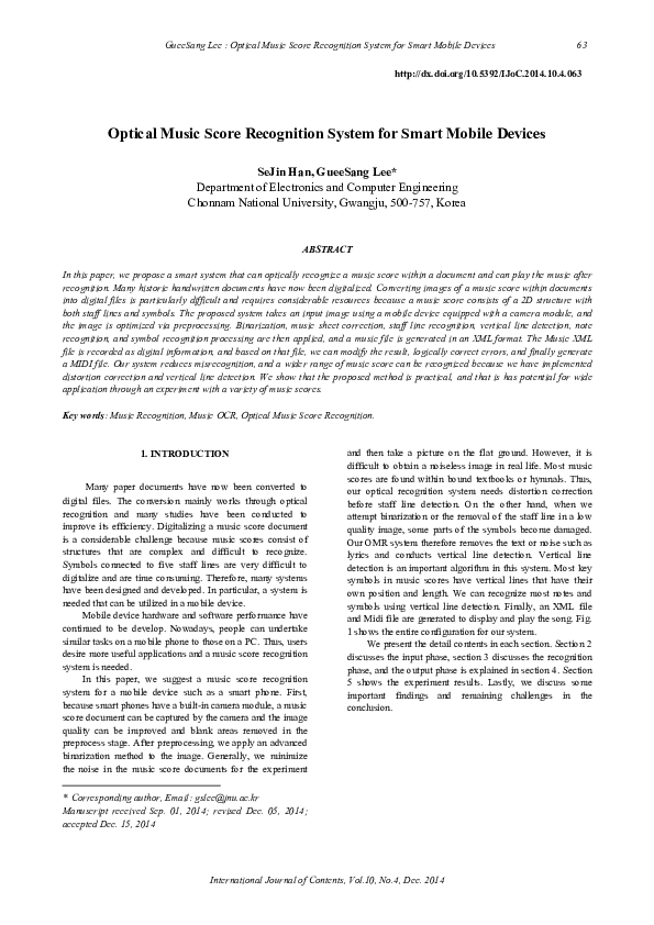 (PDF) Optical Music Score Recognition System for Smart Mobile Devices