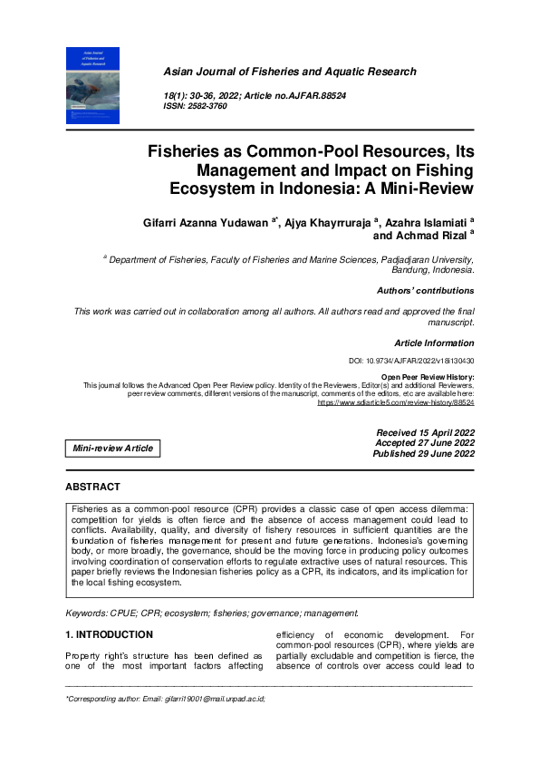 (PDF) Fisheries as Common-Pool Resources, Its Management and Impact on ...